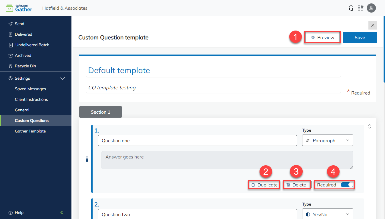 Settings: Custom Questions – SafeSend Gather