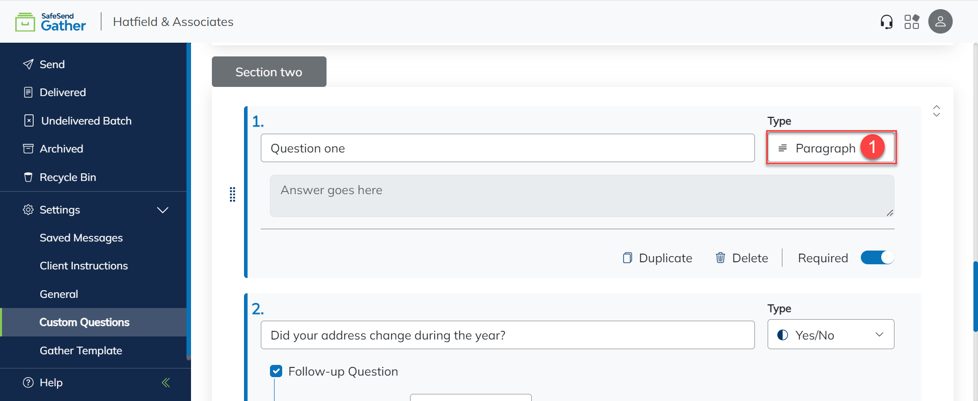 Settings: Custom Questions – SafeSend Gather