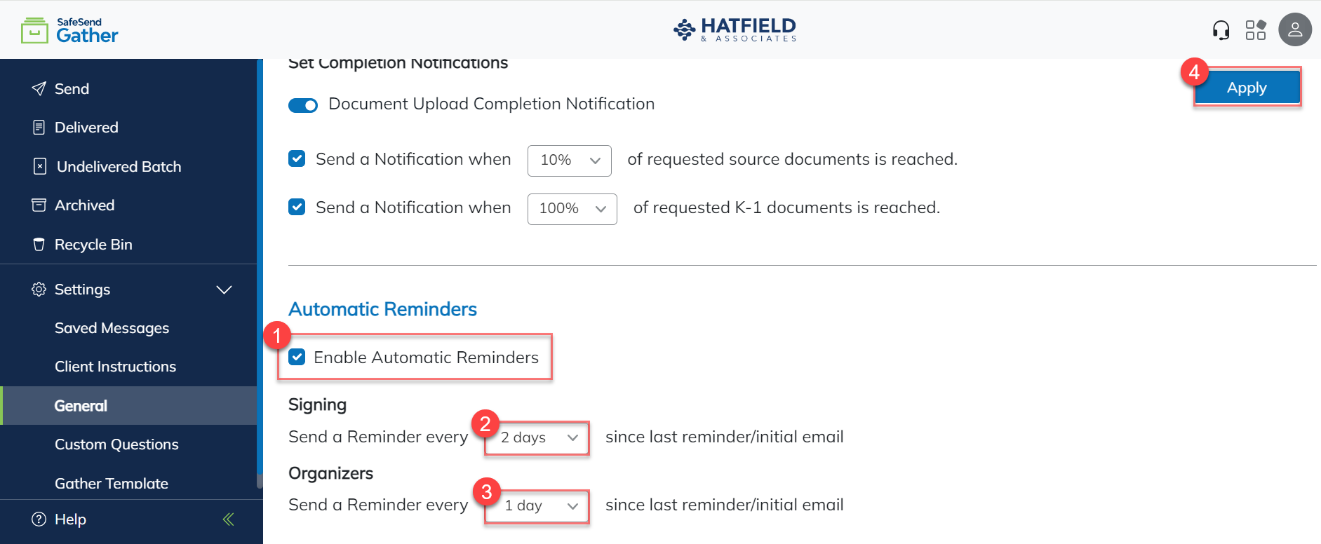 Settings: General – SafeSend Gather