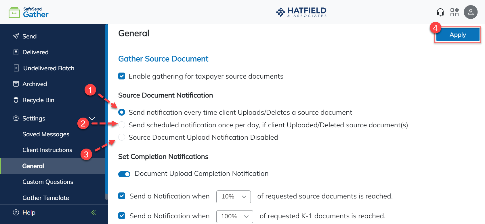 Settings: General – SafeSend Gather